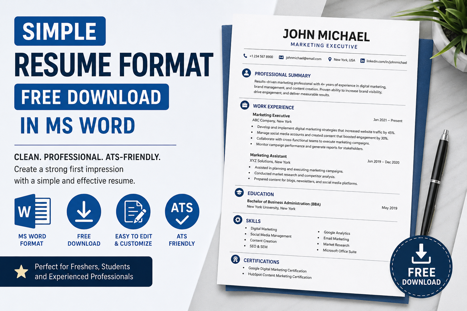 Free Simple Resume Format in MS Word for Job Seekers - Vent Magazines